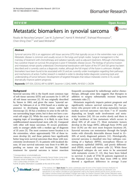 Pdf Metastatic Biomarkers In Synovial Sarcoma