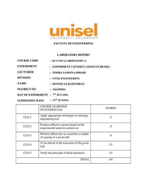 Exp 5 Fluids Complete Lab FACULTY OF ENGINEERING LABORATORY REPORT COURSE CODE EXPERIMENT