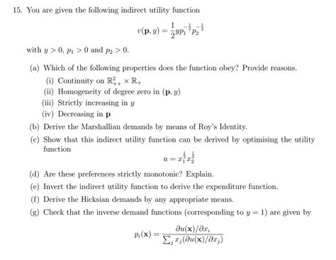 solved by an expert you are given the following indirect utility