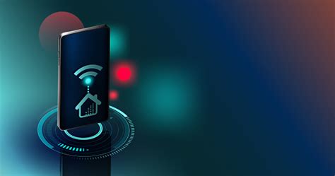 미래 스마트 홈 기술 제어 보호 시스템 콘텐츠 웹 템플릿 인터넷을 통해 비즈니스 기술 프레 젠 테이 션 제품에 대 한 공간을 가진 스마트폰 보안 제어 벡터 홈오토메이션에