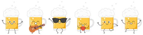 맥주 세트 귀여운 캐릭터 만화 인사 점프 사랑 노래 달리기 재미 웃는 얼굴 행복 기쁨 감정 아이콘 벡터 일러스트 레이 션 Ale에 대한 스톡 벡터 아트 및 기타 이미지
