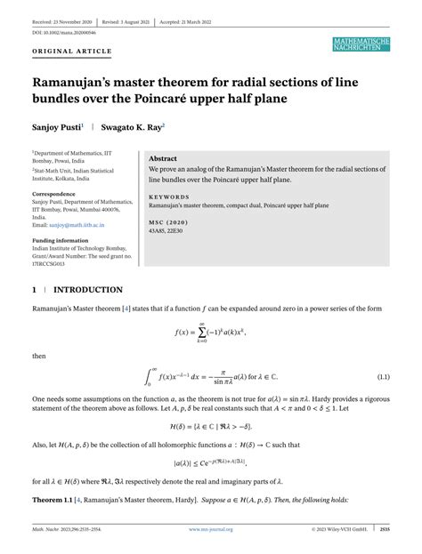 Ramanujans Master Theorem For Radial Sections Of Line Bundles Over The Poincaré Upper Half