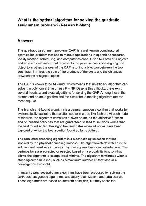 What Is The Optimal Algorithm For Solving The Quadratic Assignment