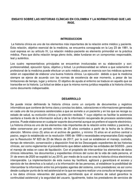 Ensayo Sobre Las Historias ClÍnicas En Colombia Y La Normatividad Que Las Rige Pdf Historial