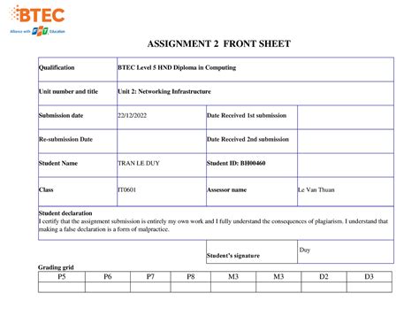 Working Asm2 Networking Assignment 2 Front Sheet