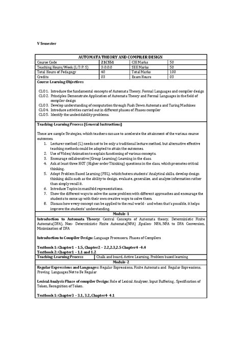 21cs51 Introduce The Fundamental Concepts Of Automata Theory Formal Languages And Compiler