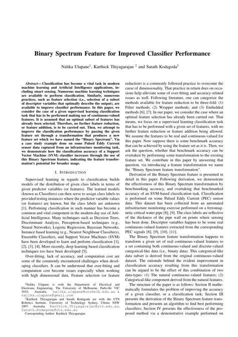 Pdf Binary Spectrum Feature For Improved Classiﬁer Performance