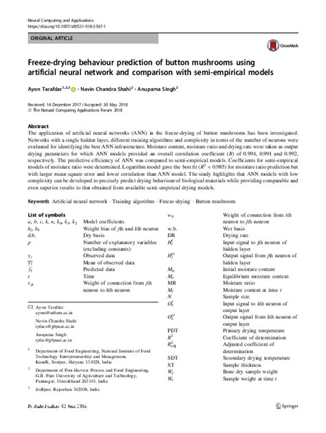 Pdf Freeze Drying Behaviour Prediction Of Button Mushrooms Using Artificial Neural Network And