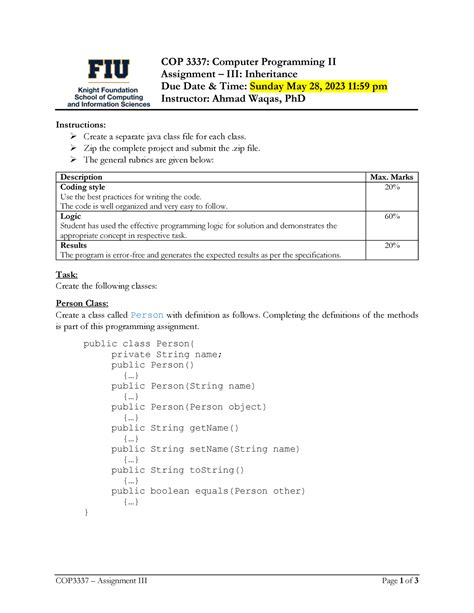 Summer23 Assignment3 Inheritencebasics Cop3337 Assignment Iii