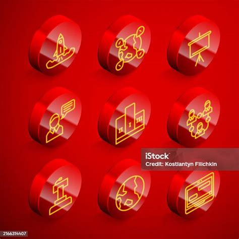세트 라인 로켓 지구본의 위치 칠판 말풍선 채팅 우승자 연단에 대한 상 프로젝트 팀 베이스 무대 스탠드 또는 트리뷴 및 지구 아이콘 벡터 3차원 형태에 대한 스톡 벡터 아트