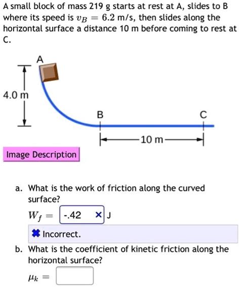 solved a small block of mass 219 g starts at rest at a slides to b where its speed is vb 6 2 m
