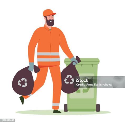 Janitor는 쓰레기 봉투를 도시의 쓰레기통으로 운반합니다 제복을 입은 한 남자가 별도의 쓰레기 재사용을 위해 재활용 용기의 폐기물을 청소합니다 흰색에 플랫 스타일의 벡터