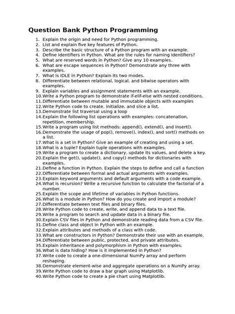 Question Bank Python Programming Pdf Python Programming Language