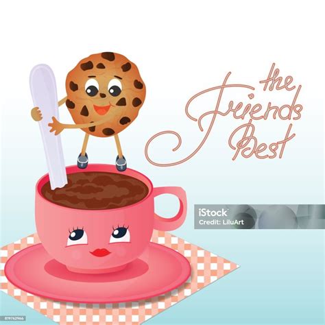 스푼으로 재미 있는 초콜릿 칩 쿠키는 컵에 커피를 쉐이크 우정의 하루 인사말 카드입니다 커피 마실 것에 대한 스톡 벡터 아트 및 기타 이미지 커피 마실 것 쿠키