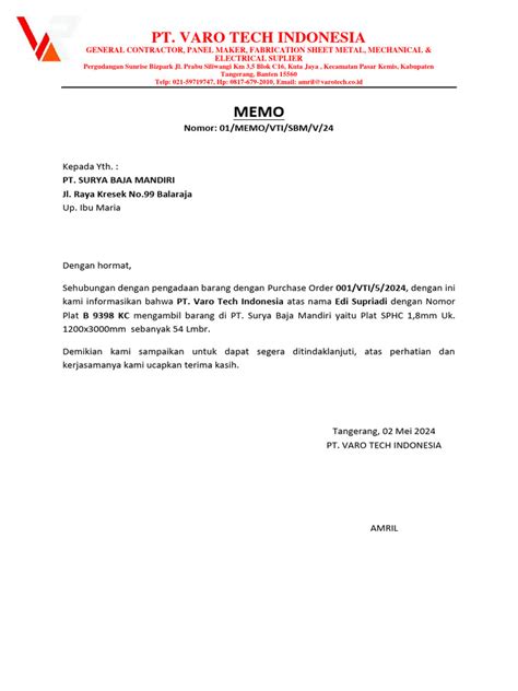 Contoh Memo Pengambilan Barang Pdf