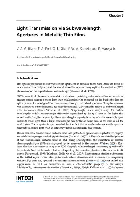 Pdf Light Transmission Via Subwavelength Apertures In Metallic Thin Films