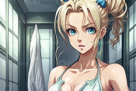 Portrait Of A Beautiful Anime Blond Girl In Bathroom Illustration