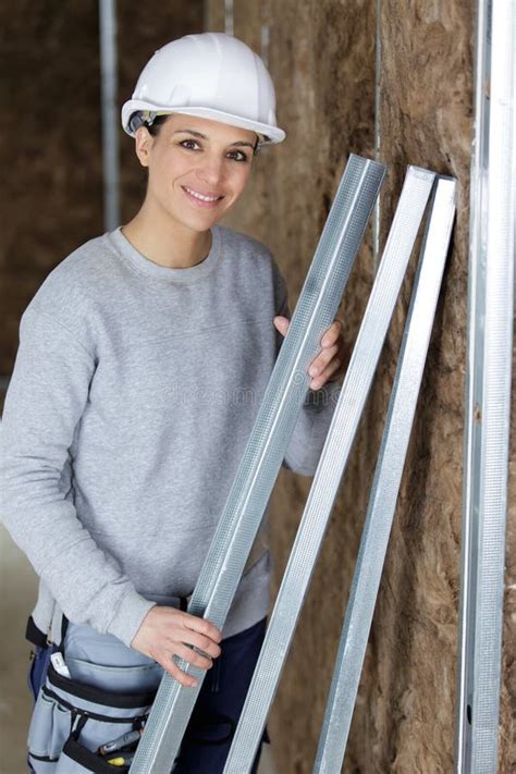 Woman Builder Working On Foundation Grid Stock Image Image Of Work