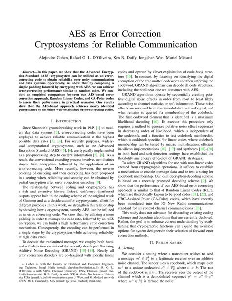 Pdf Aes As Error Correction Cryptosystems For Reliable Communication