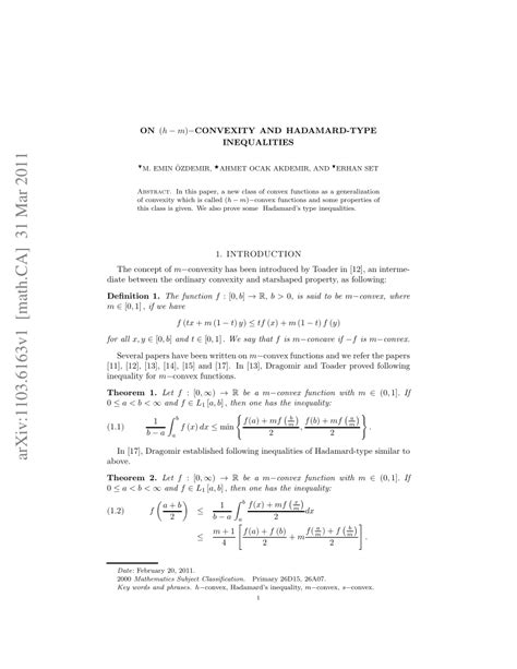 Pdf On H M Convexity And Hadamard Type Inequalities