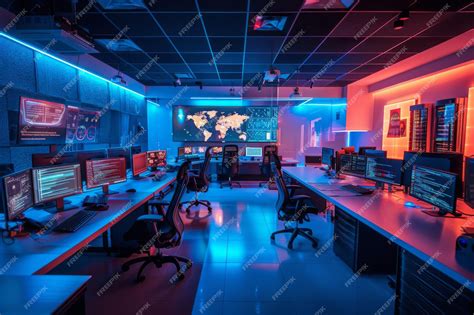 High Tech Control Room With Multiple Digital Displays Premium Ai Generated Image