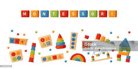 몬테소리 교육 논리 장난감 미취학 아동을 위한 어린이 나무 장난감 유아 발달을위한 몬테소리 시스템 여러 가지 빛깔의 분류기가 있는 배너 흰색 배경에 벡터 그림 개념에 대한