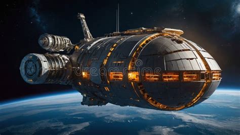 Ai Generated Illustration Of A Futuristic Spaceship Orbiting Earth Stock Illustration