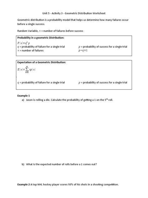 Unit 5 Activity 3 Geometric Distribution Worksheet Pdf