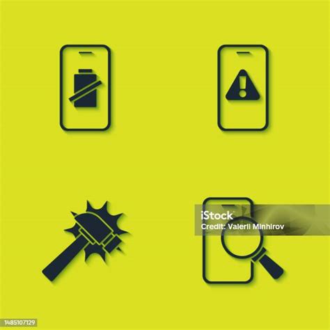 느낌표 아이콘으로 스마트폰 배터리 충전 전화 수리 서비스 망치 및 모바일을 설정합니다 벡터 Usb 케이블에 대한 스톡 벡터 아트