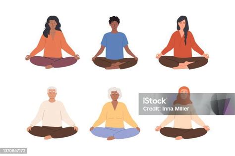 다양한 여성과 남성의 집합 명상과 요가 호흡 운동을하고 노인과 젊은 여자와 명상을 연습 하는 남자 흰색 배경에 격리된 벡터 일러스트 문자입니다 요가에 대한 스톡 벡터 아트