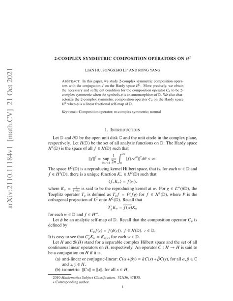 PDF Complex Symmetric Composition Operators On H
