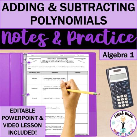 Adding And Subtracting Polynomials Guided Notes Practice Worksheet Video Lesson