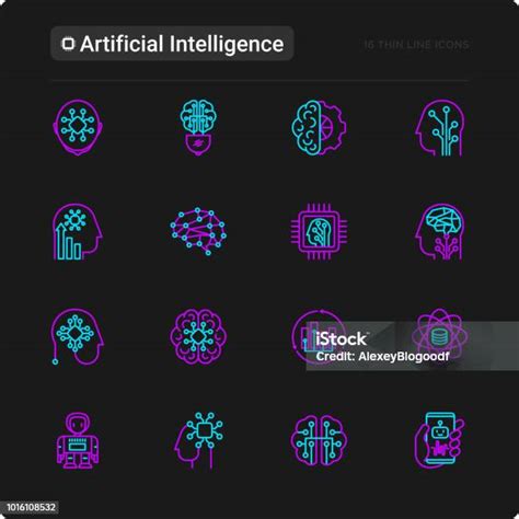 인공 지능 얇은 라인 아이콘 세트 로봇 뇌 기계 학습 마케팅 분석 Cpu 칩 음성 도우미 블랙 테마에 대 한 벡터 일러스트입니다 인공지능에 대한 스톡 벡터 아트 및 기타