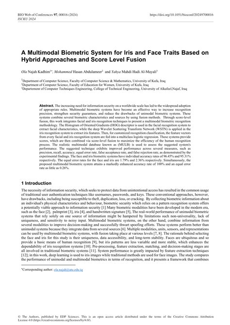 PDF A Multimodal Biometric System For Iris And Face Traits Based On Hybrid Approaches And