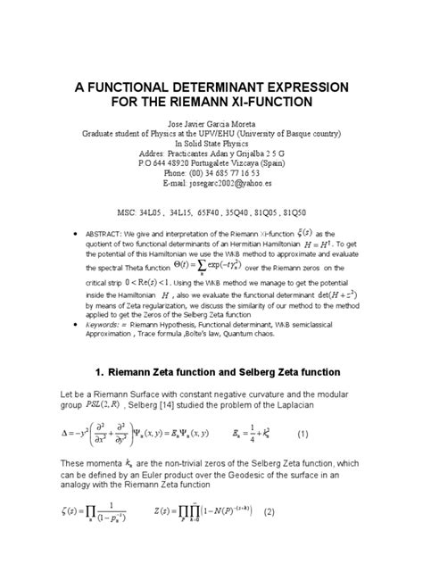 A Functional Determinant For The Riemann Xi Function Pdf Mathematical Analysis Functions