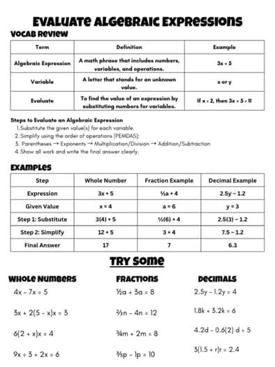 Evaluate Algebraic Expressions Guided Notes And Practice Tpt