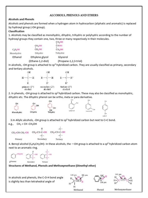 Alcohols Phenols And Ethers Notes Pdf Ether Chemical Reactions