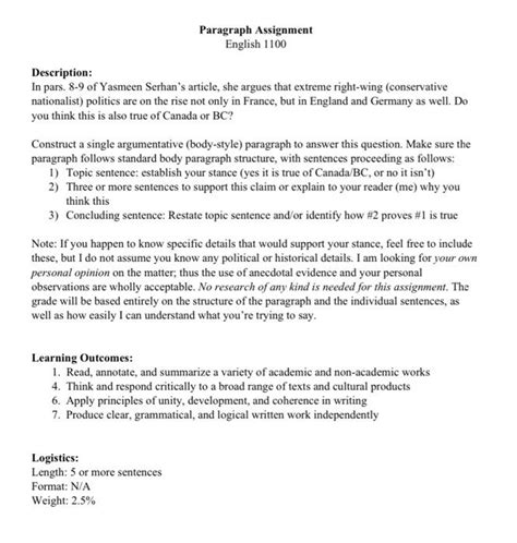Paragraph Assignment English 1100 Description In