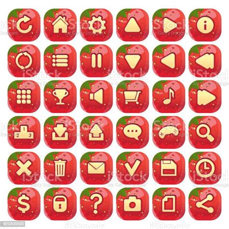 게임 인터페이스에 대 한 붉은 신선한 딸기 버튼의 설정 모바일 게임에 대 한 벡터 Gui 요소입니다 흰색 배경에 고립 Brand Name Online Messaging