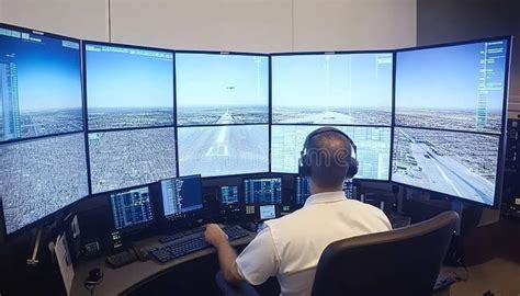 Air Traffic Controller Monitors Flight Data on Multiple Computer Screens in Control Tower Stock ...