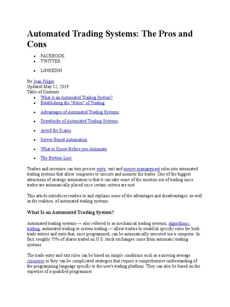 Automated Trading Systems The Pros And Cons Pdf Algorithmic Trading Automation