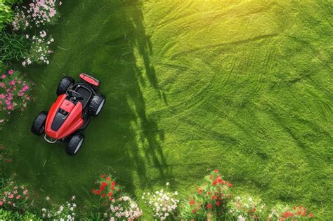 Premium Photo A Robotic Lawn Mower Stands On The Lawn Near The House At Sunset