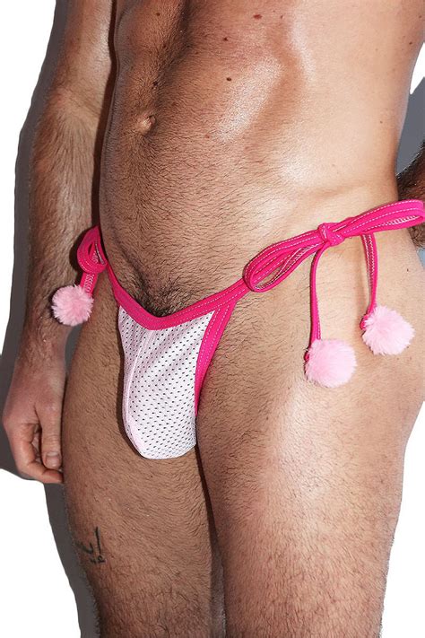 Mesh Pom Pom Tied Up String Thong Pink Etsy