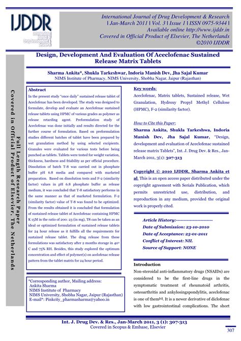 Pdf Design Development And Evaluation Of Aceclofenac Sustained Release Matrix Tablets