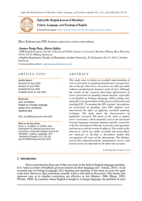 Pdf How Indonesian Efl Learners Perceive Error Corrections