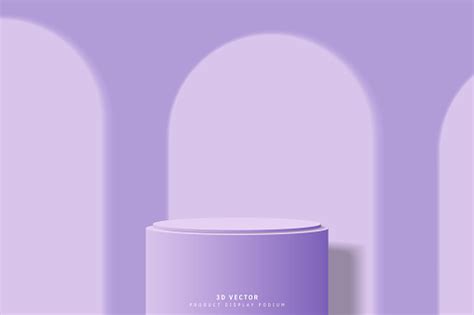 보라색 3d 실린더 연단 받침대는 벽에 창 아치 모양의 그림자가 있는 사실적입니다 제품 전시 모형을 위한 최소한의 벽 장면 3d 벡터 기하학적 플랫폼 디자인 쇼케이스를 위한