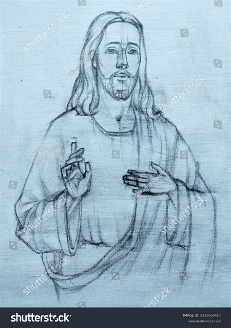 Portrait Jesus Christ On Canvas Line Stock Illustration 2217656417