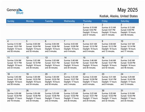May 2025 Sunrise And Sunset Calendar For Kodiak Pdf Excel Word