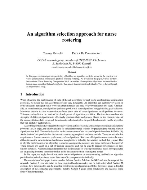 Pdf An Algorithm Selection Approach For Nurse Rostering