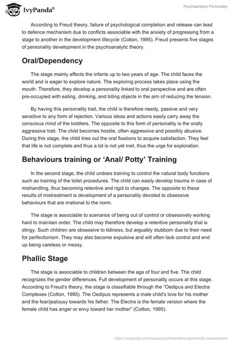 Psychoanalytic Personality Assessment 1314 Words Assessment Example